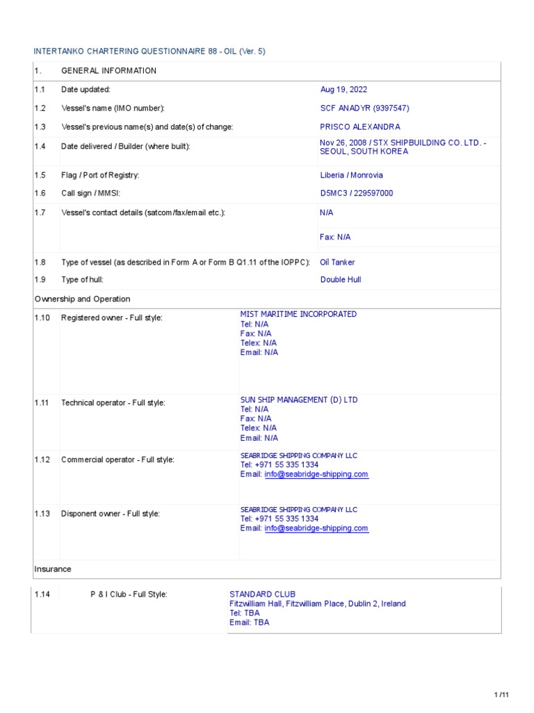 SCF Anadyr Intertankocharteringquestionnaire88 Oil PDF | PDF | Tonnage | Ships