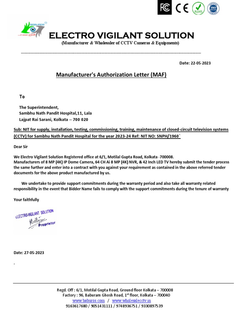 Electro Vigilant Solution: Manufacturer's Authorization Letter (MAF) | PDF