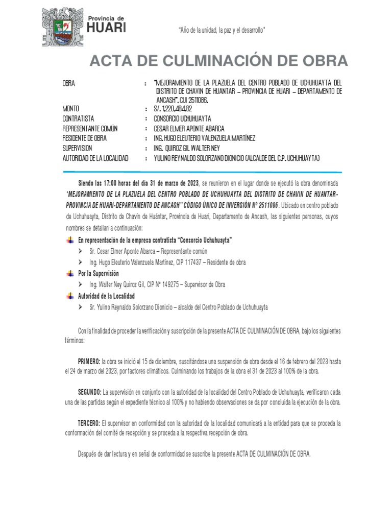 Acta de Culminación de Obra - Uchuhuayta | PDF
