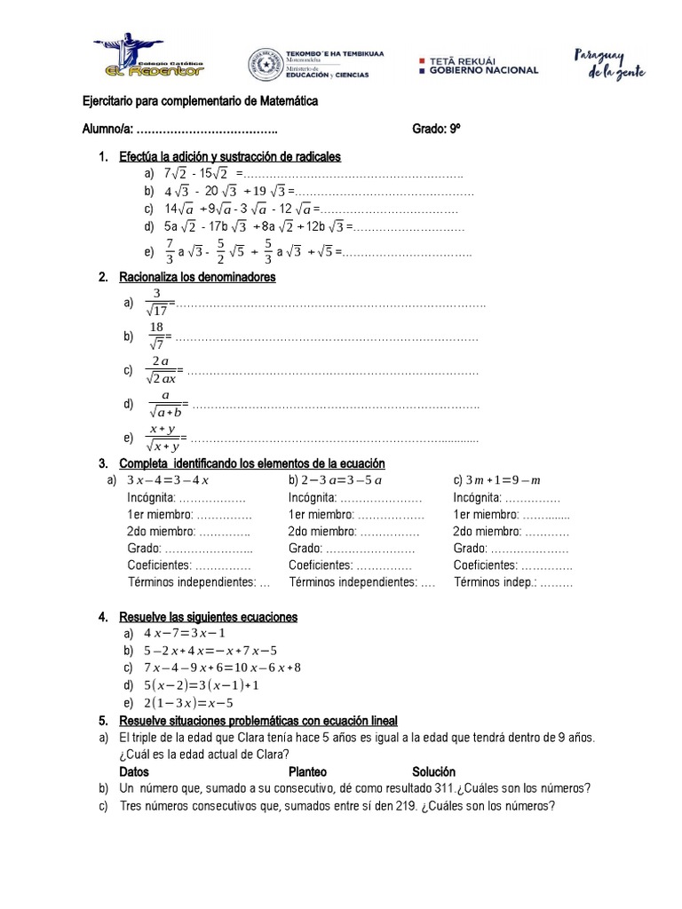 Matemática 9º Complementario | PDF | Ecuaciones | Conceptos matemáticos