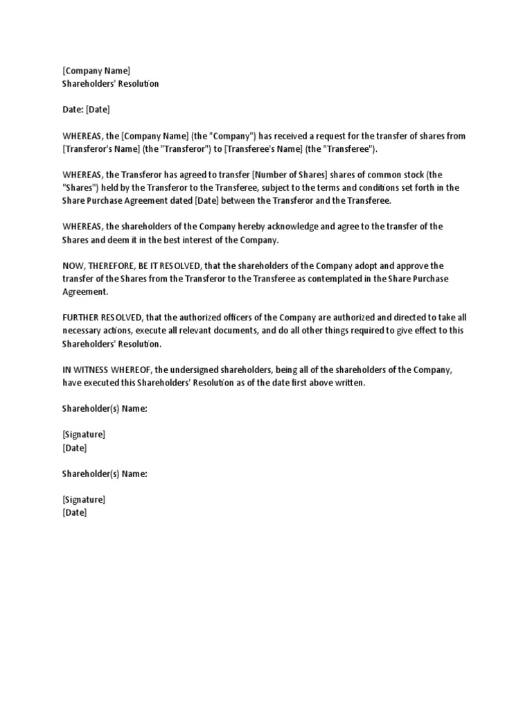 Shareholders' Resolution for Share Transfer | PDF