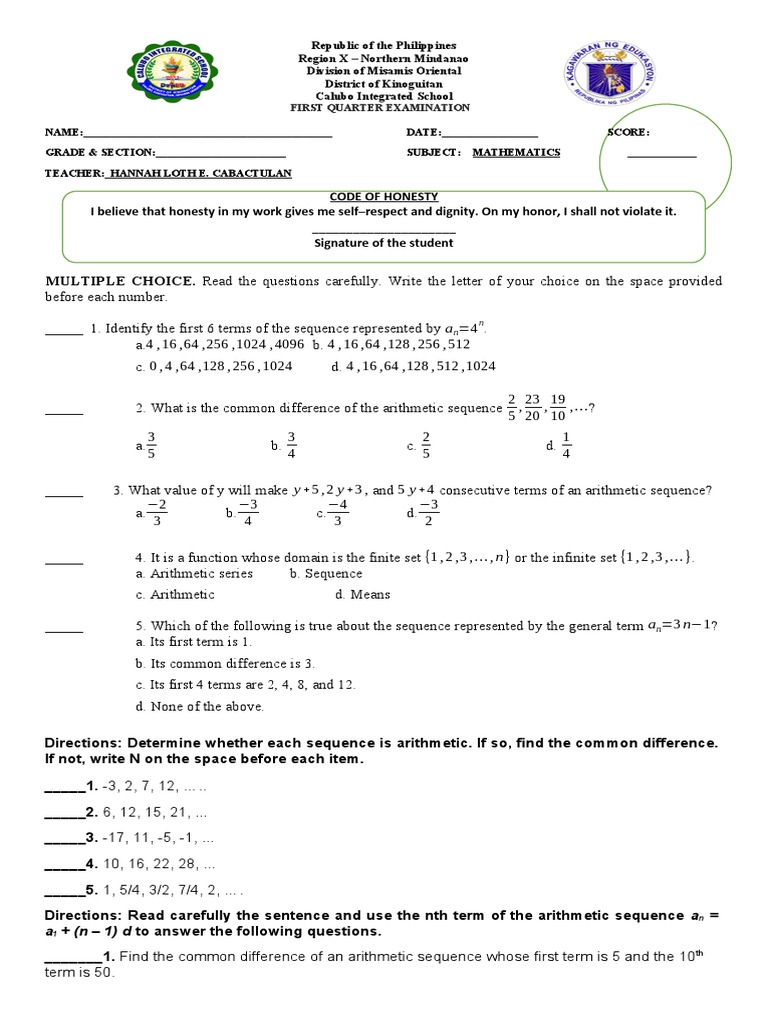 10-MATH First Quarter | PDF | Division (Mathematics) | Sequence