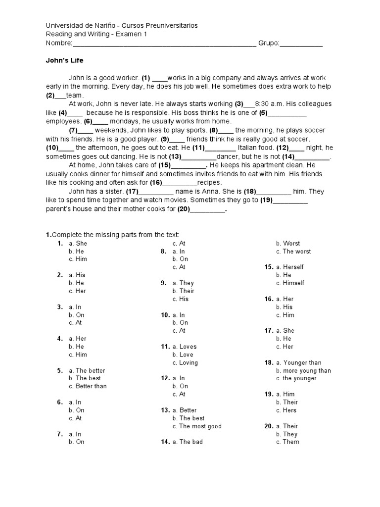 Examen ESL - Multiple Choice A1 | PDF