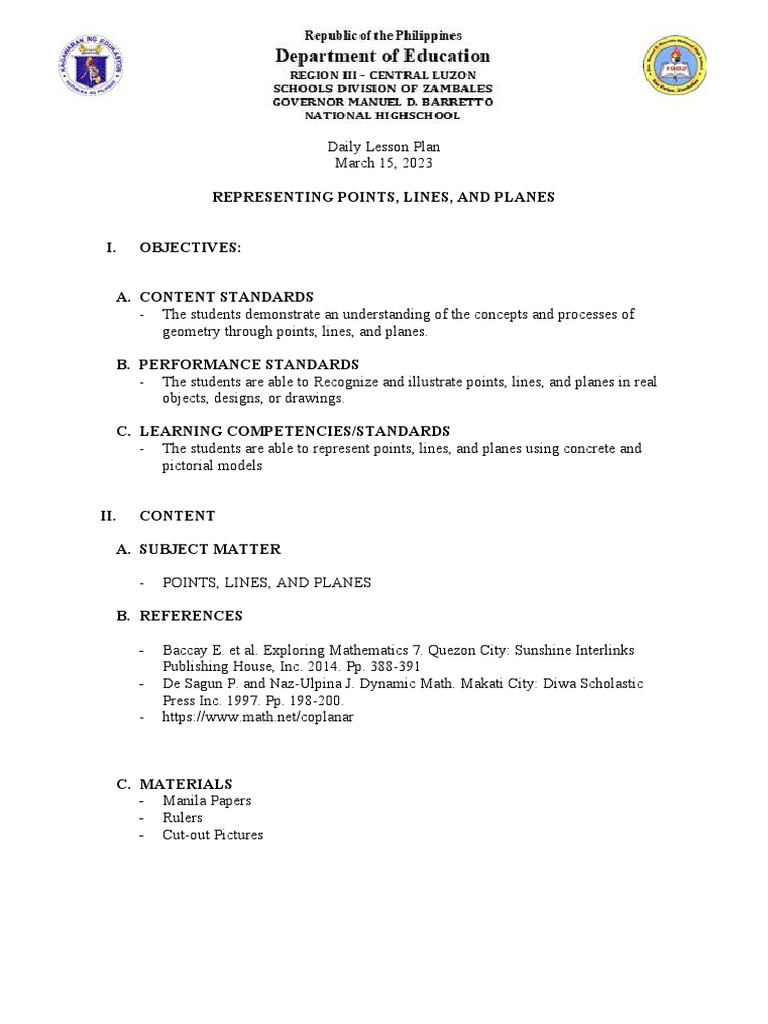 Semi Detailed Lesson Plan (Points, Line and Planes) | PDF | Geometry ...