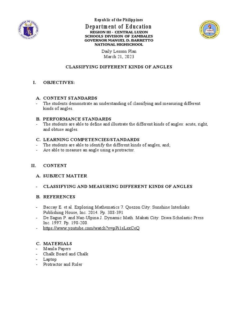 Semi Detailed Lesson Plan (Classifying The Different Kinds of Angles ...