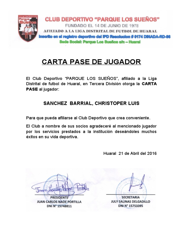 Carta Pase de Jugador | PDF