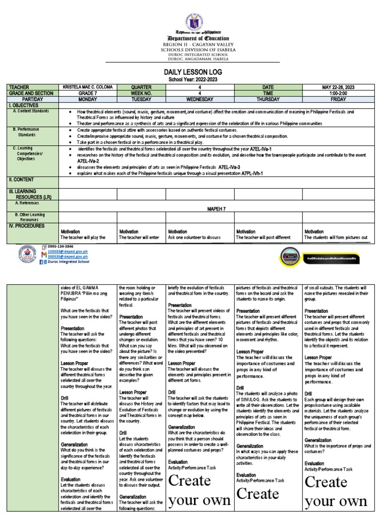 Daily Lesson Log: School Year: 2022-2023 | PDF | Teachers | Costume