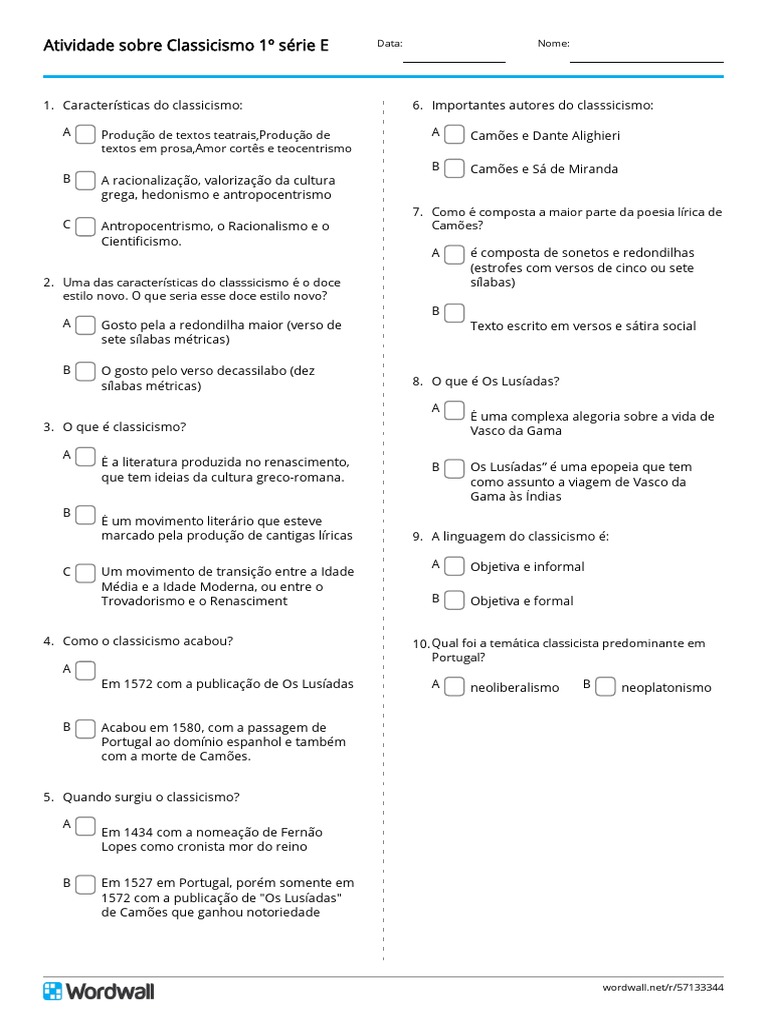 Atividade Sobre Classicismo 1º sé Rie e Questioná Rio | PDF | Classicismo