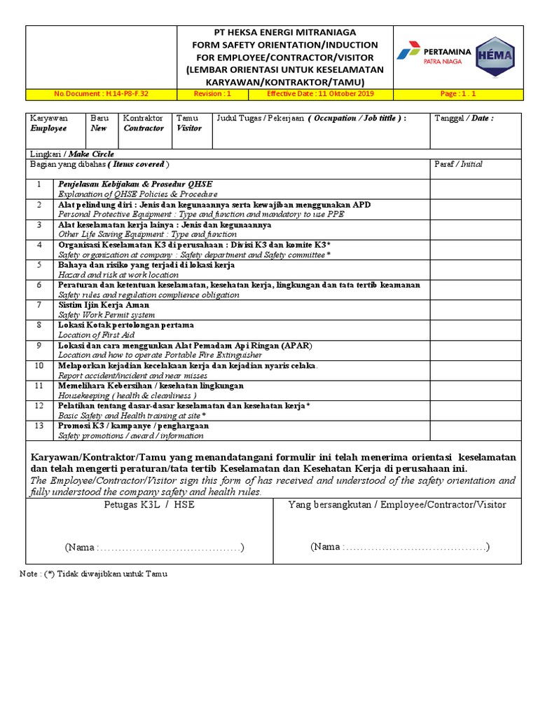 Form 32 - Lembar Safety Induction (Kontraktor) | PDF
