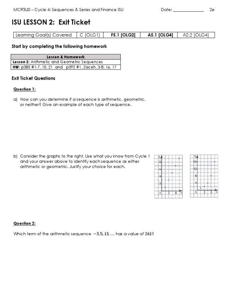 Cycle 4 ISU - 2e - Arithmetic and Geometric Sequences EXIT TICKET | PDF