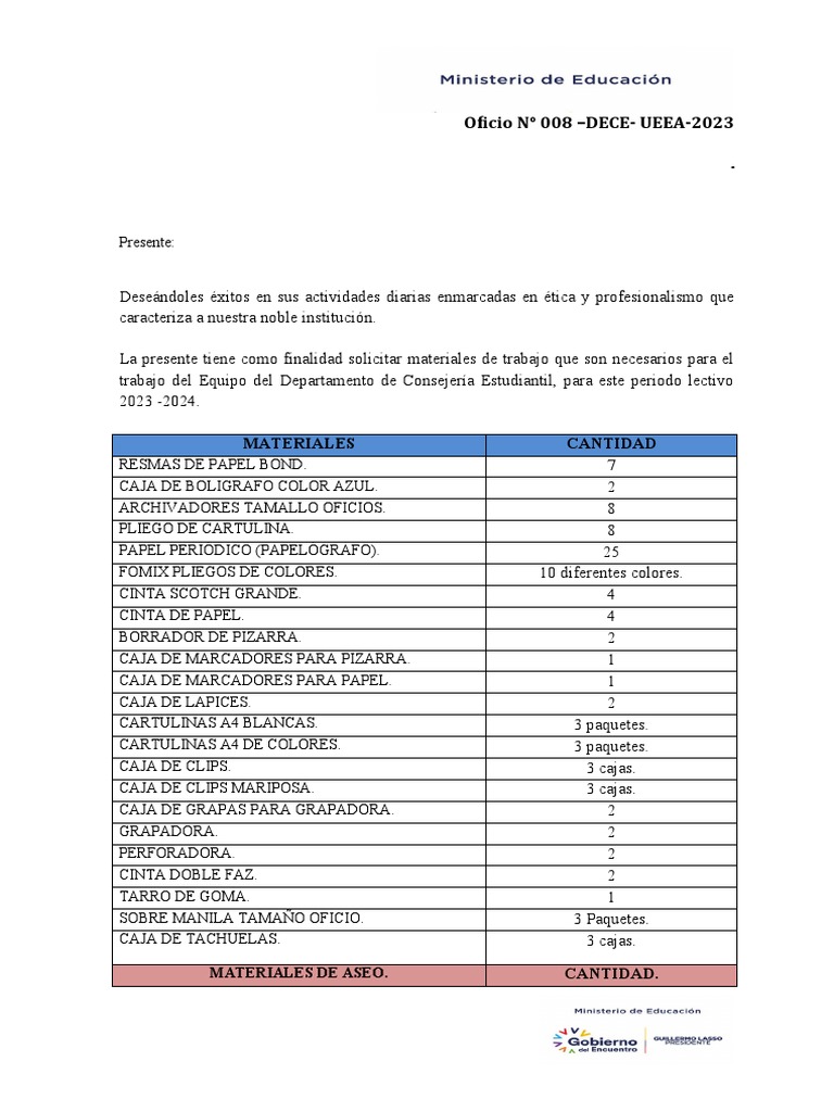 Oficio Rector Materiales | PDF | Equipo