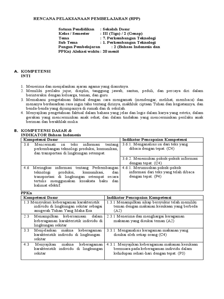 RPP Kelas Rendah Praktek Besok | PDF