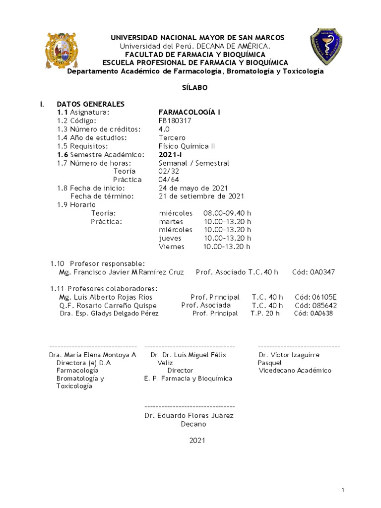 SILABO FARMACOLOGIA I - Farmacia - FINAL 2021-I | PDF | Farmacocinética ...