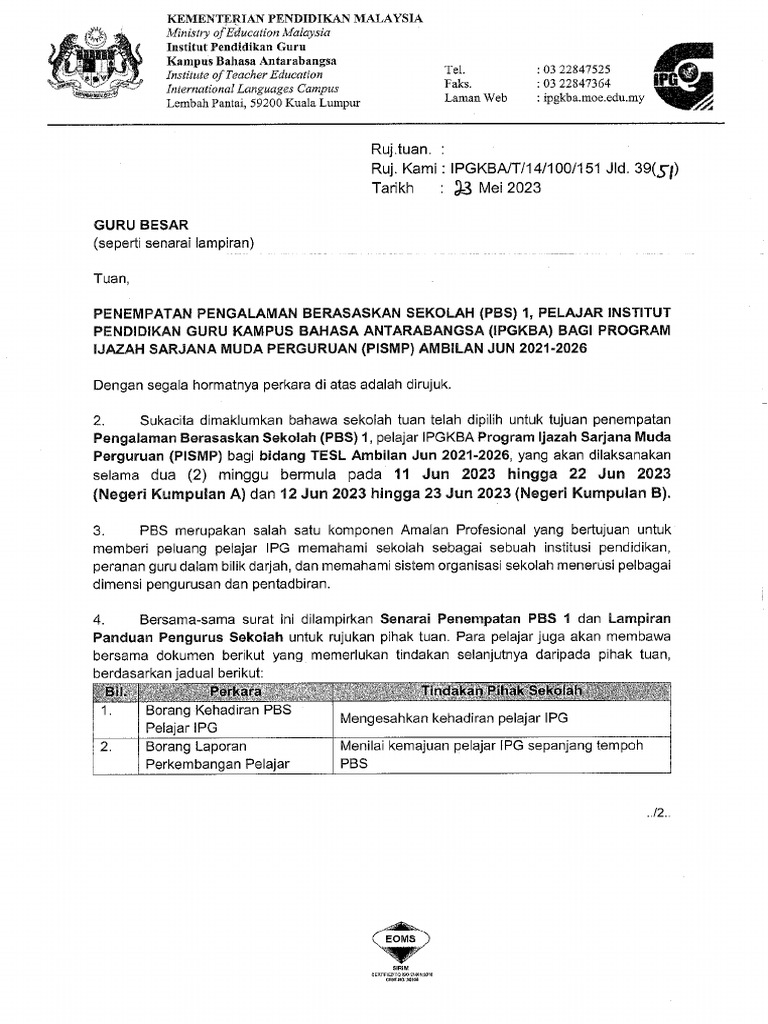 Penempatan Pengalaman Berasaskan Sekolah PBS 1, Pelajar IPGKBA Bagi ...