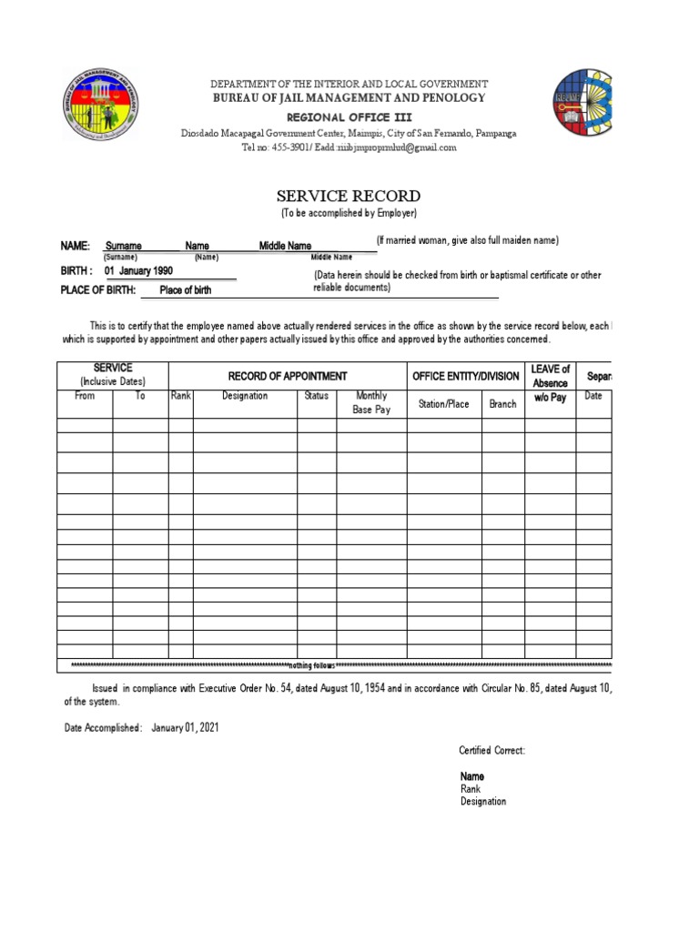 Service Record Template | PDF | Government