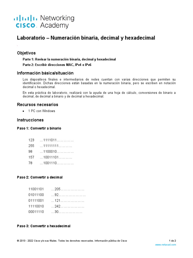 5.1.1 Lab - Numeración Binaria, Decinal y Hexadecimal v003 | PDF | Yo Pv6 | Red de arquitectura