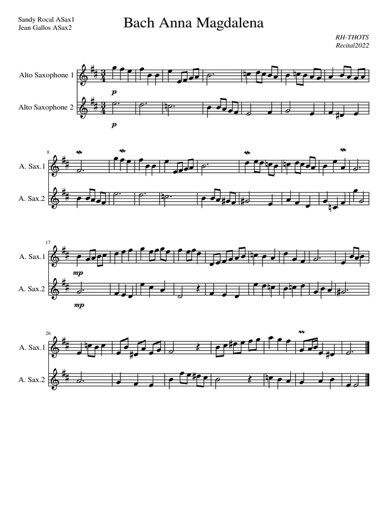 Bach Anna Magdalena Alto Sax | PDF