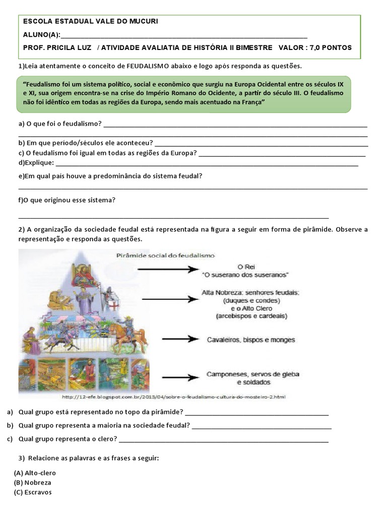 Atividade Avaliativa Feudalismo | PDF