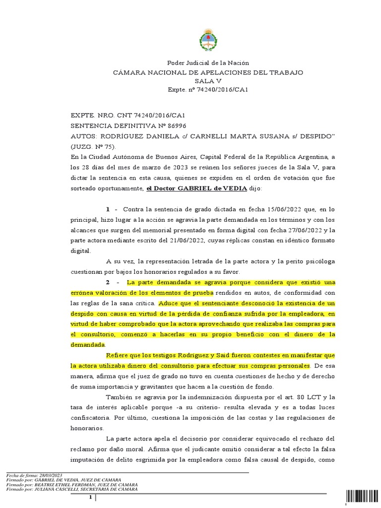 Despido Arbitrario: Sentencia Rodríguez c/ Carnelli | PDF