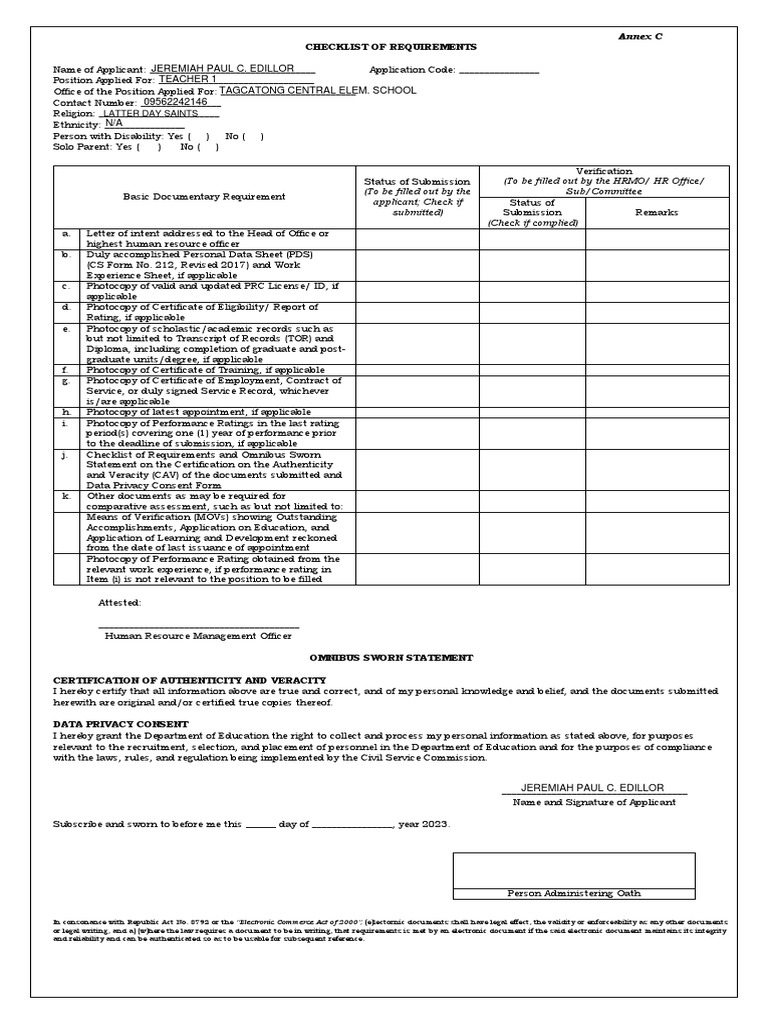 Job Application Requirements Checklist | PDF
