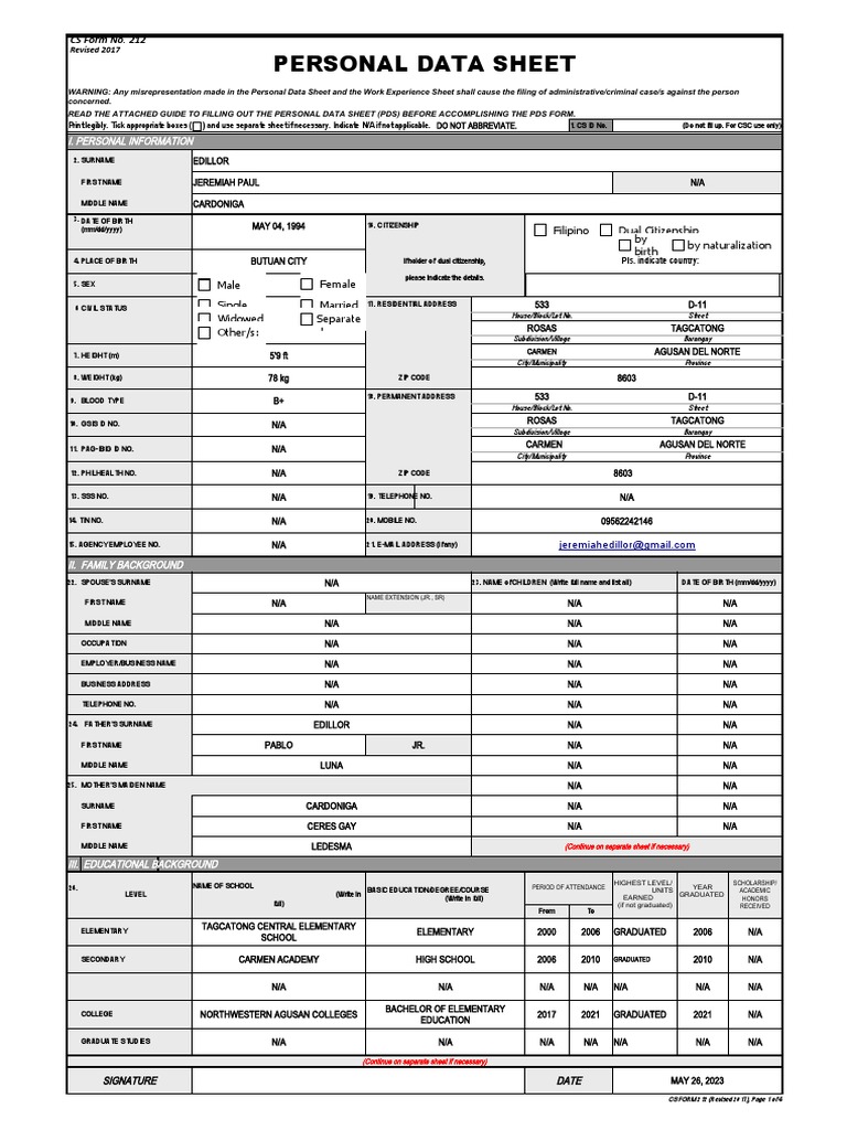 Cs Form No 212 Personal Data Sheet Revised Pdf