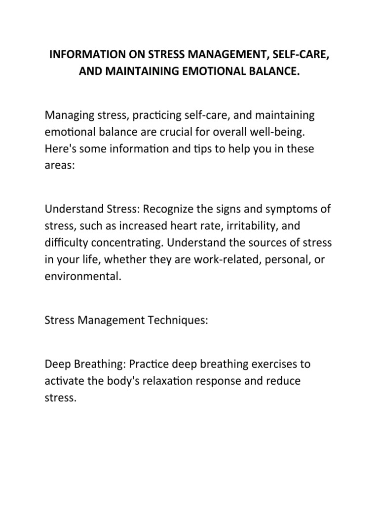 Information On Stress Management, Self-Care, and Maintaining Emotional ...