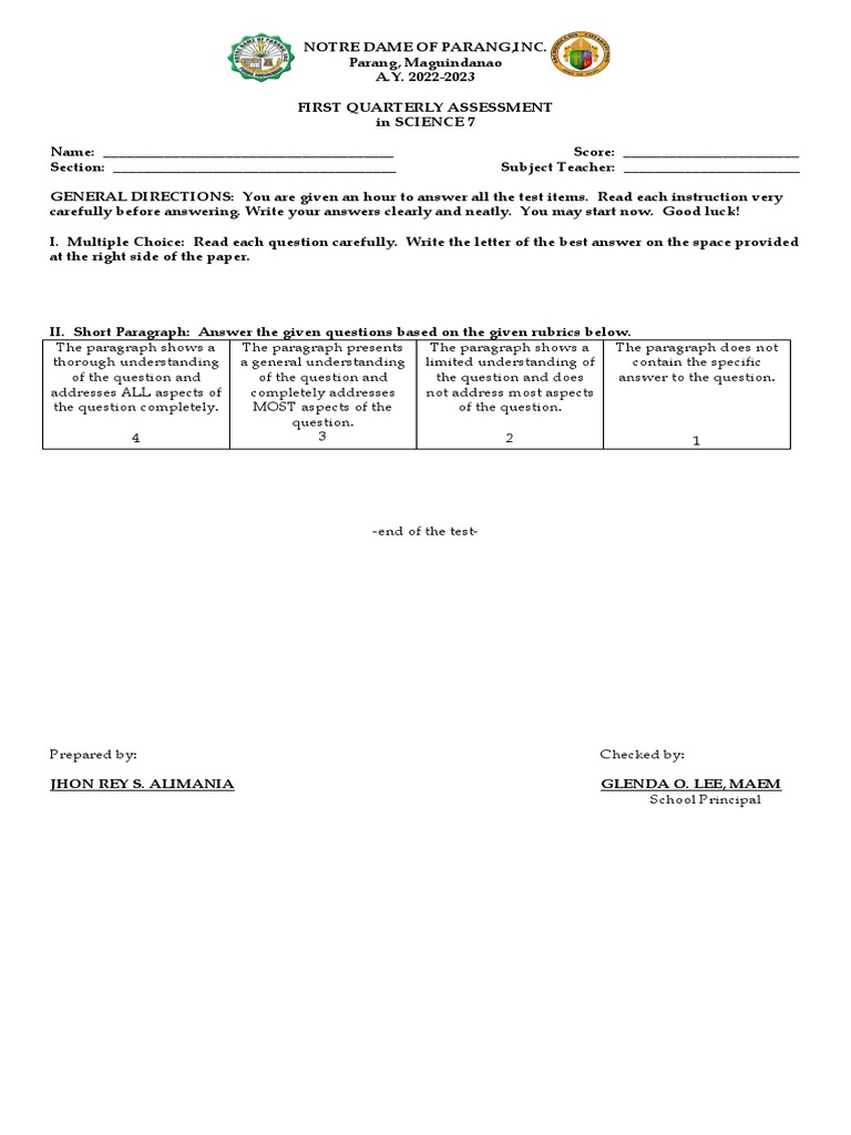 TQs - Science 7 Q1 | PDF
