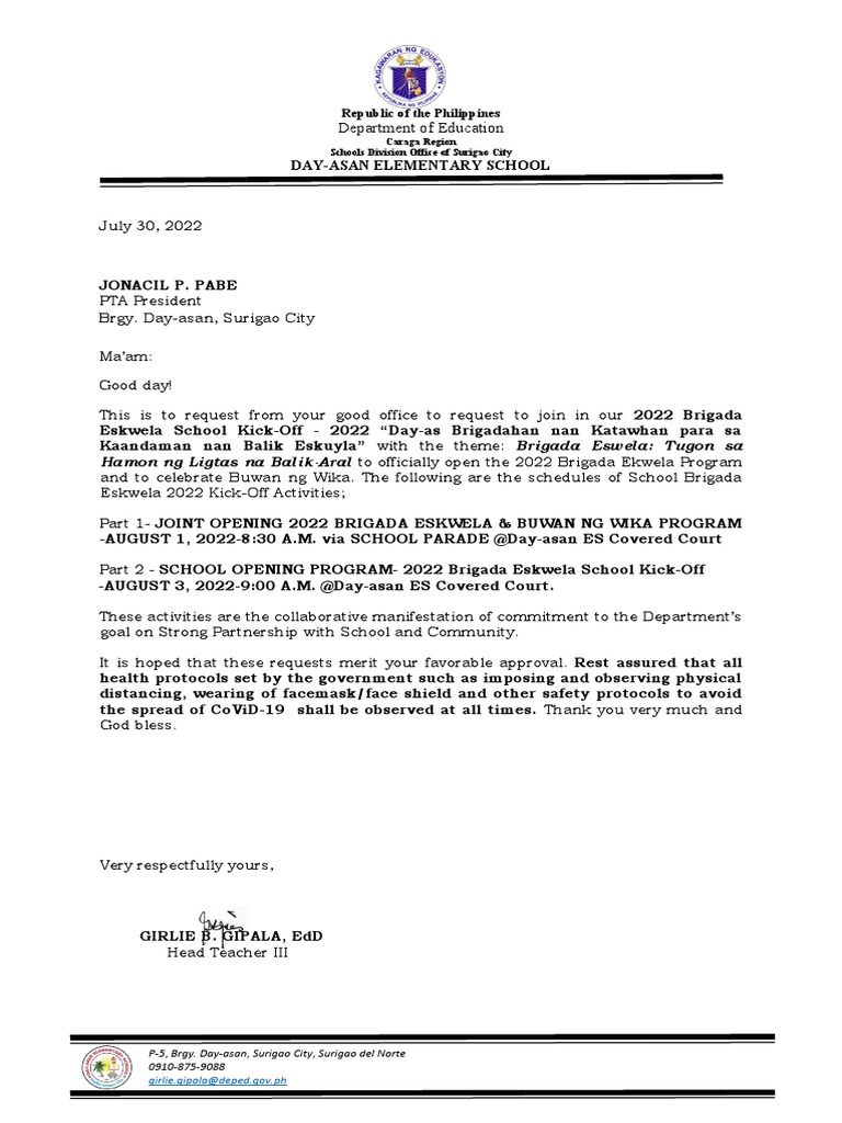 Letter-to-Brgy. Captain-2021 Brigada Eskwela Closing Program | PDF
