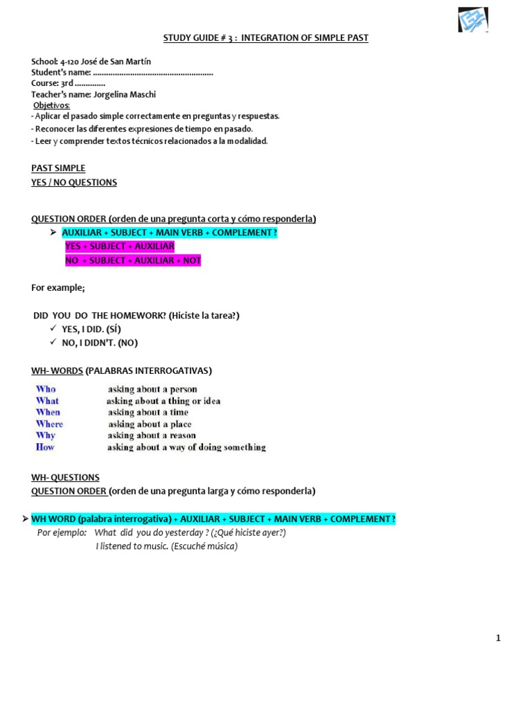 Study Guide # 3 Integration of Simple Past | PDF
