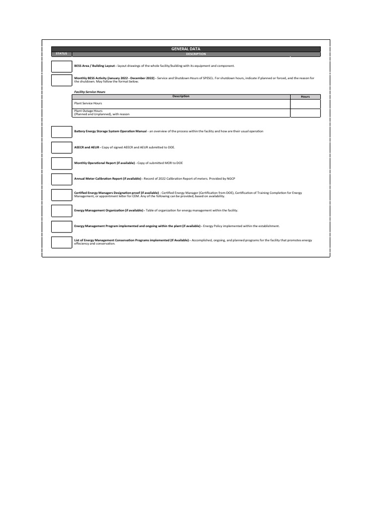 BESS Energy Audit Data Needed Checklist | PDF
