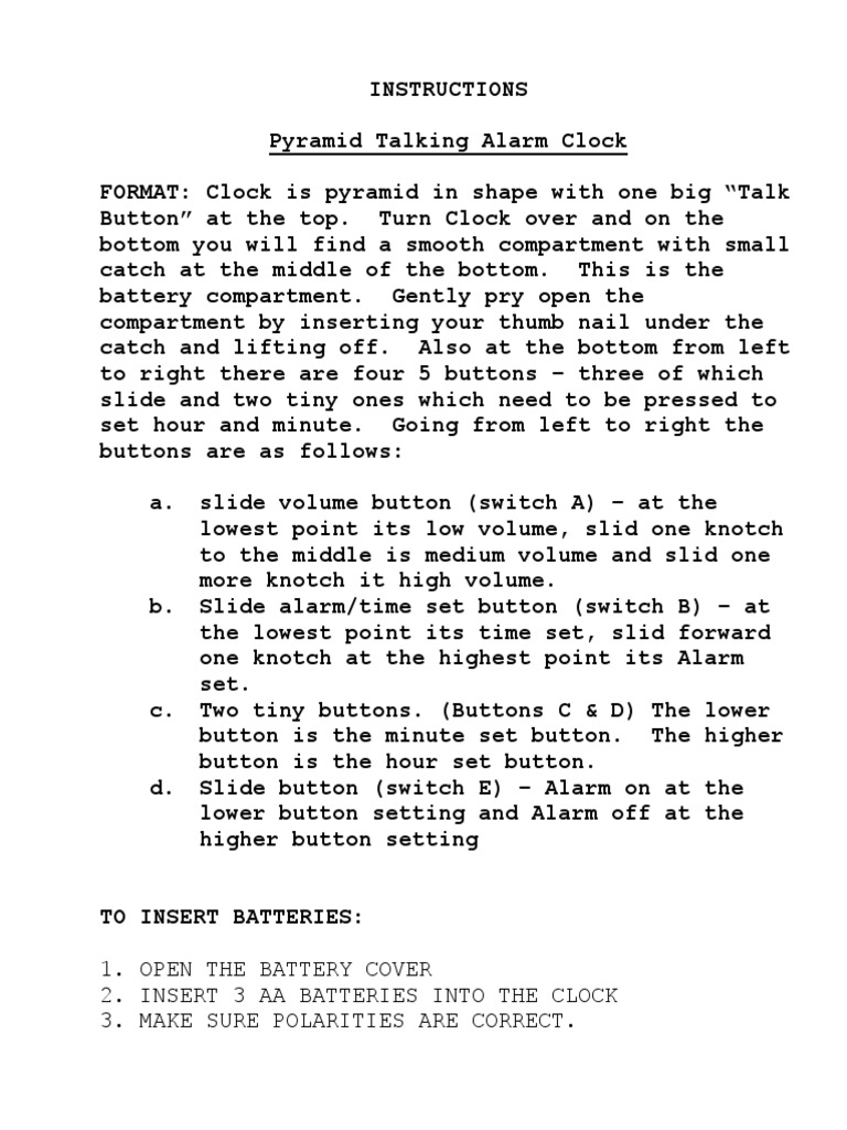 Pyramid Talking Alarm Clock Instructions | PDF
