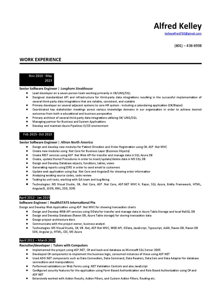 AlfredKelley Resume | PDF | Microsoft Sql Server | C Sharp (Programming Language)