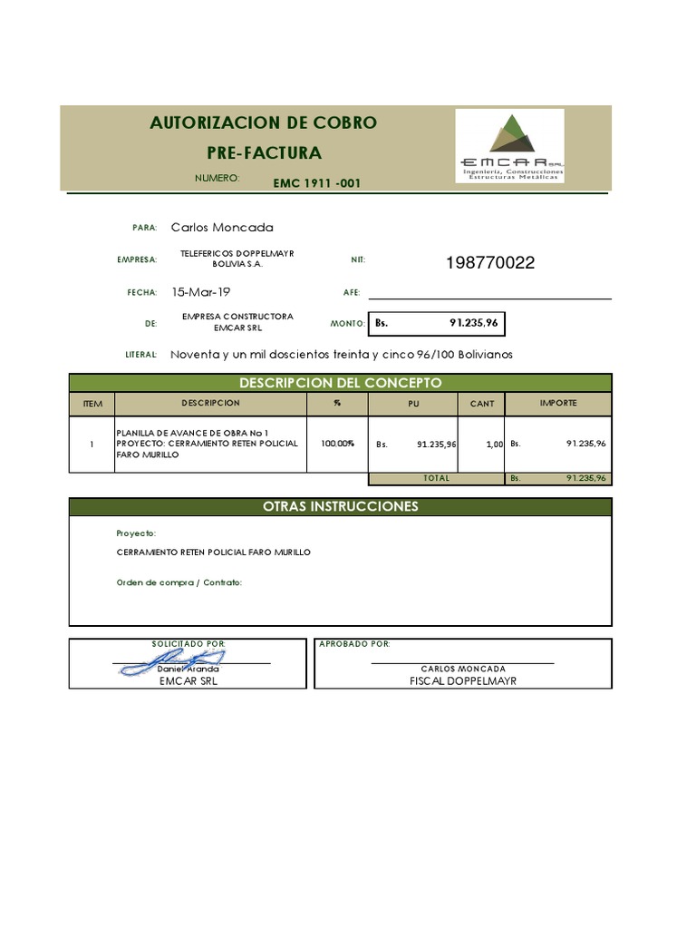 Prefactura Doppelmayr PLanilla No 1 | PDF
