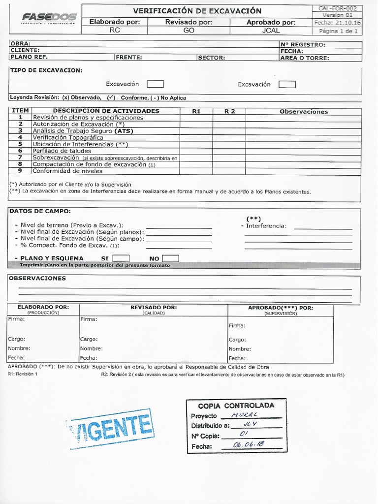 Protocolo de Verificación de Excavación | PDF