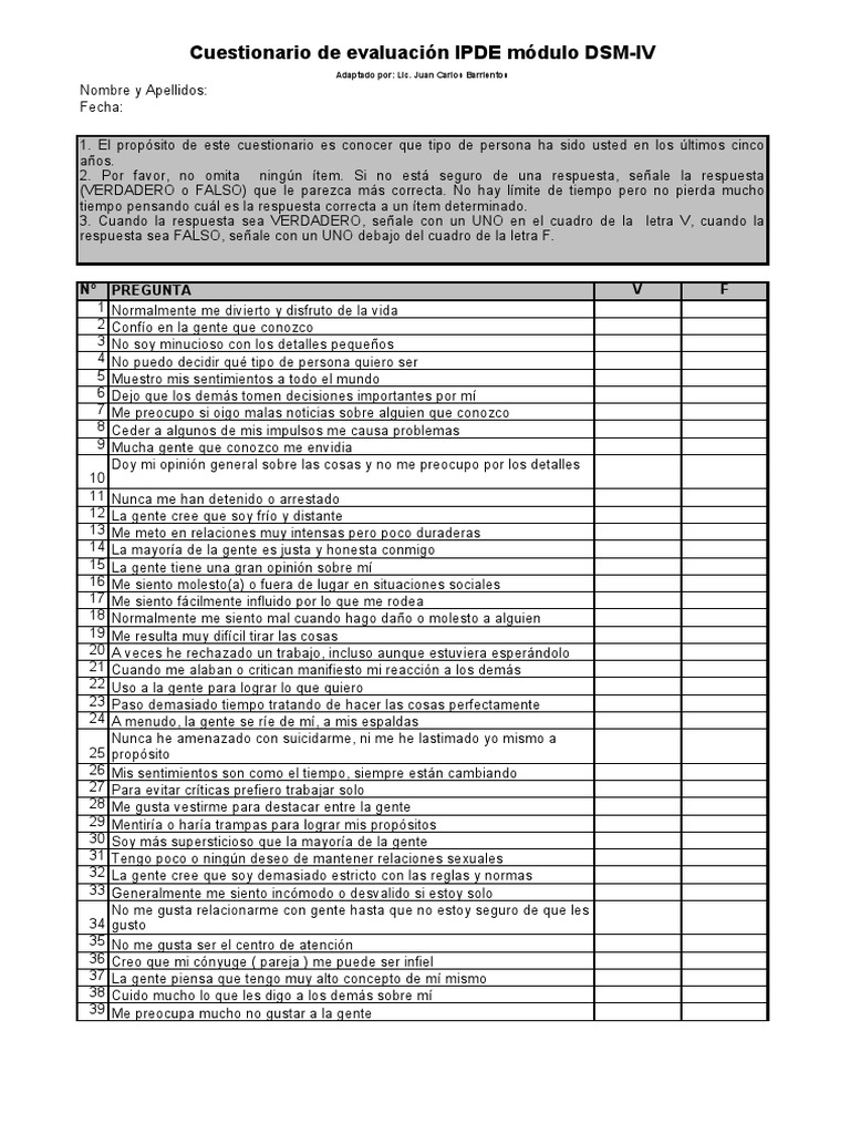Cuestionario De Personalidad Modelo Dsm Iv Pdf Sicología
