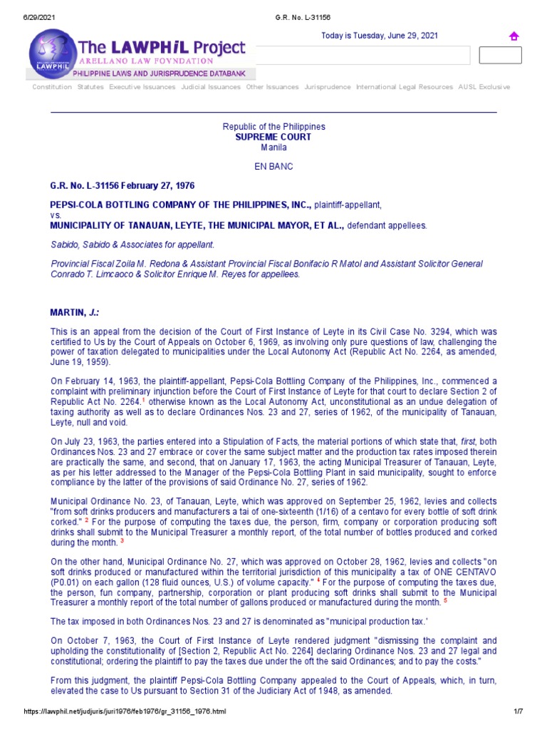 Pepsi Cola vs. Municipality of Tanauan | PDF | Taxes | Due Process Clause