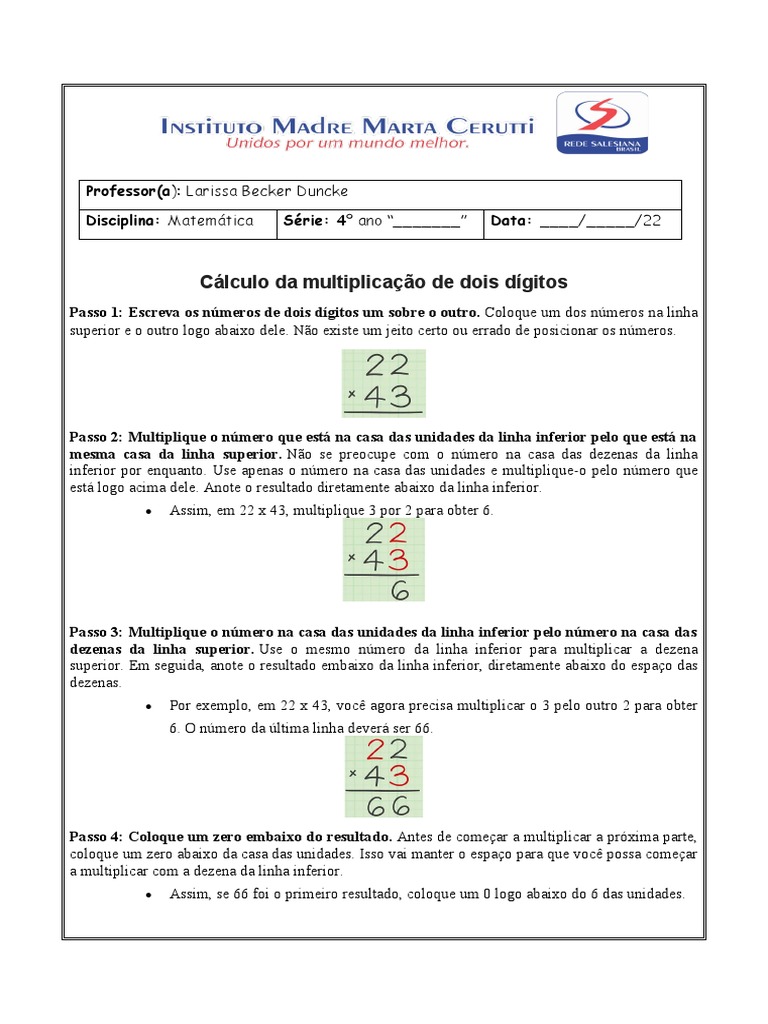 como realizar a multiplicação - 2 algarismos. | PDF | Multiplicação ...