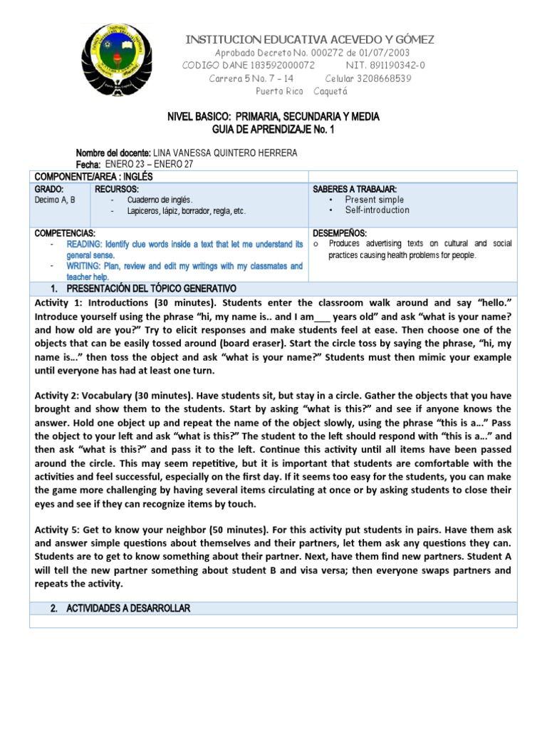 Self-Introduction Lesson Plan N°1 | PDF | Communication | Cognition