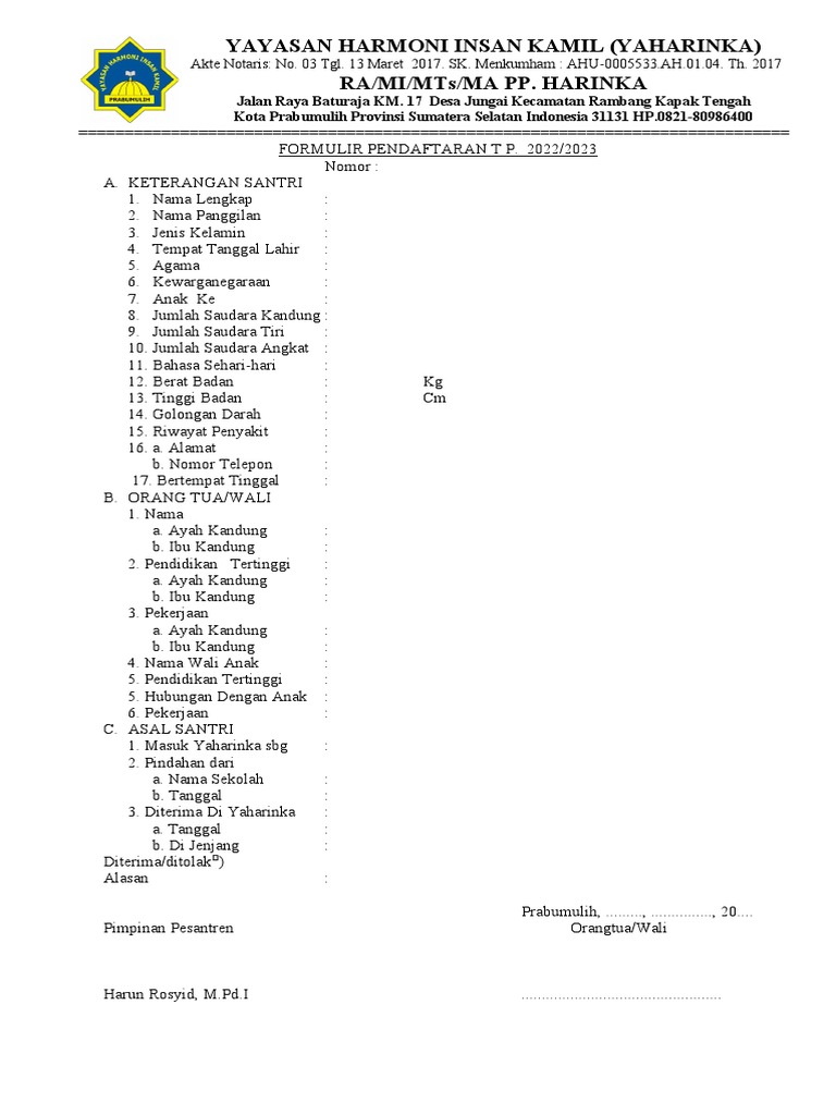 Contoh Formulir Pendaftaran Pondok Pesantren | PDF Contoh Formulir Pendaftaran Pondok Pesantren | PDF