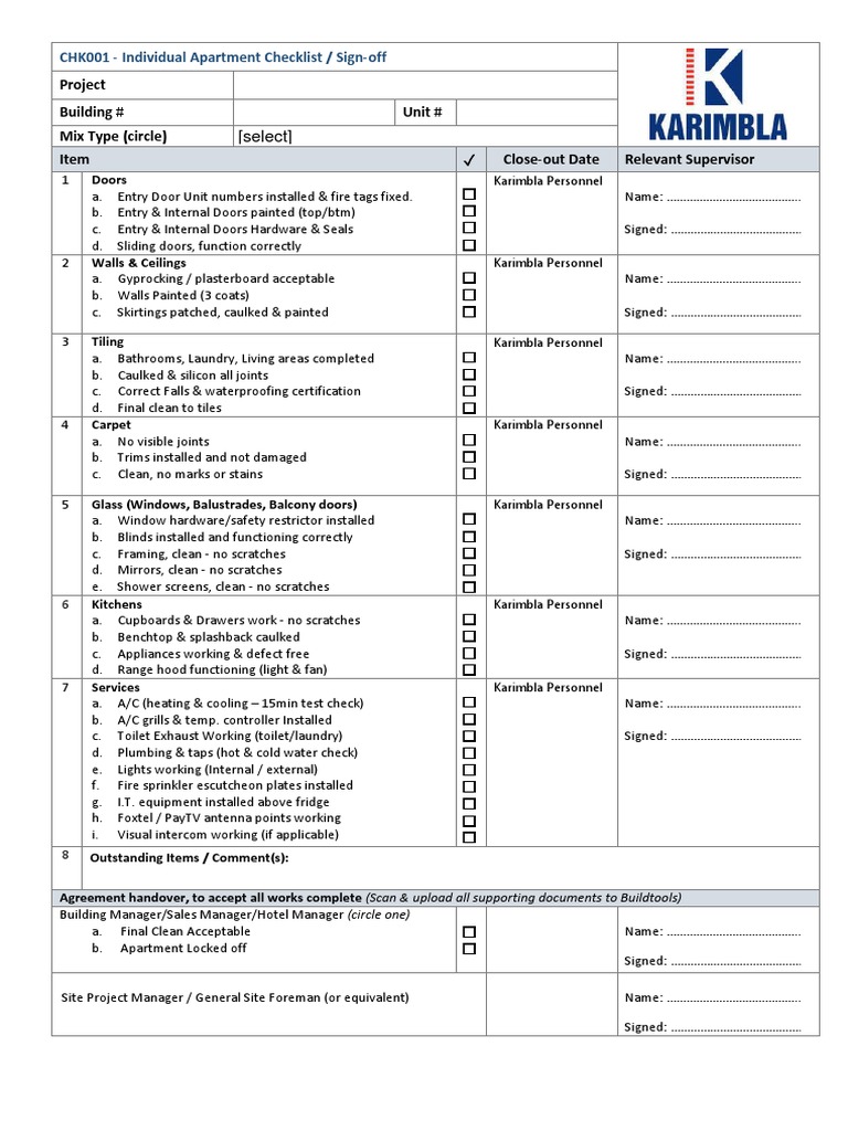 CHK001 - Individual Apartment Checklist - Sign-Off | PDF ...
