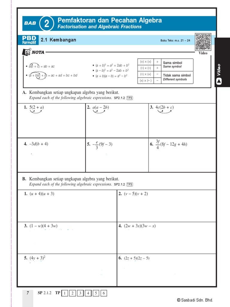 Latihan Kembangan Algebra Tingkatan 2 | PDF