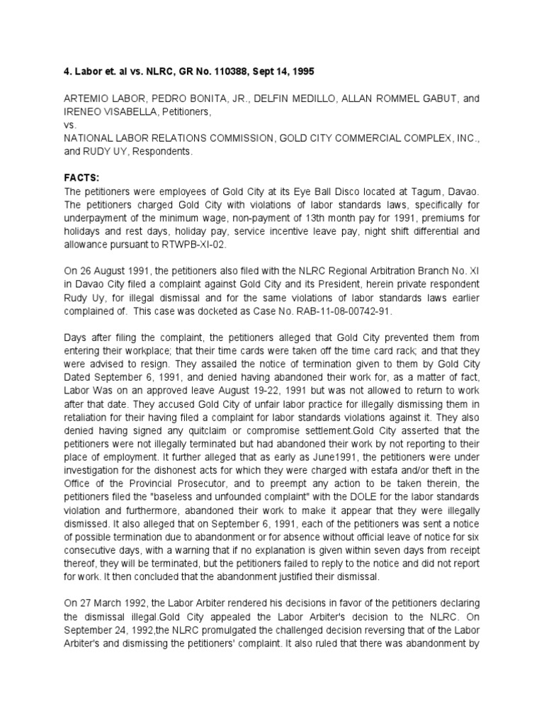 Labor Et. Al vs. NLRC GR No. 110388 Sept 14 1995 | PDF | Complaint | Burden Of Proof (Law)