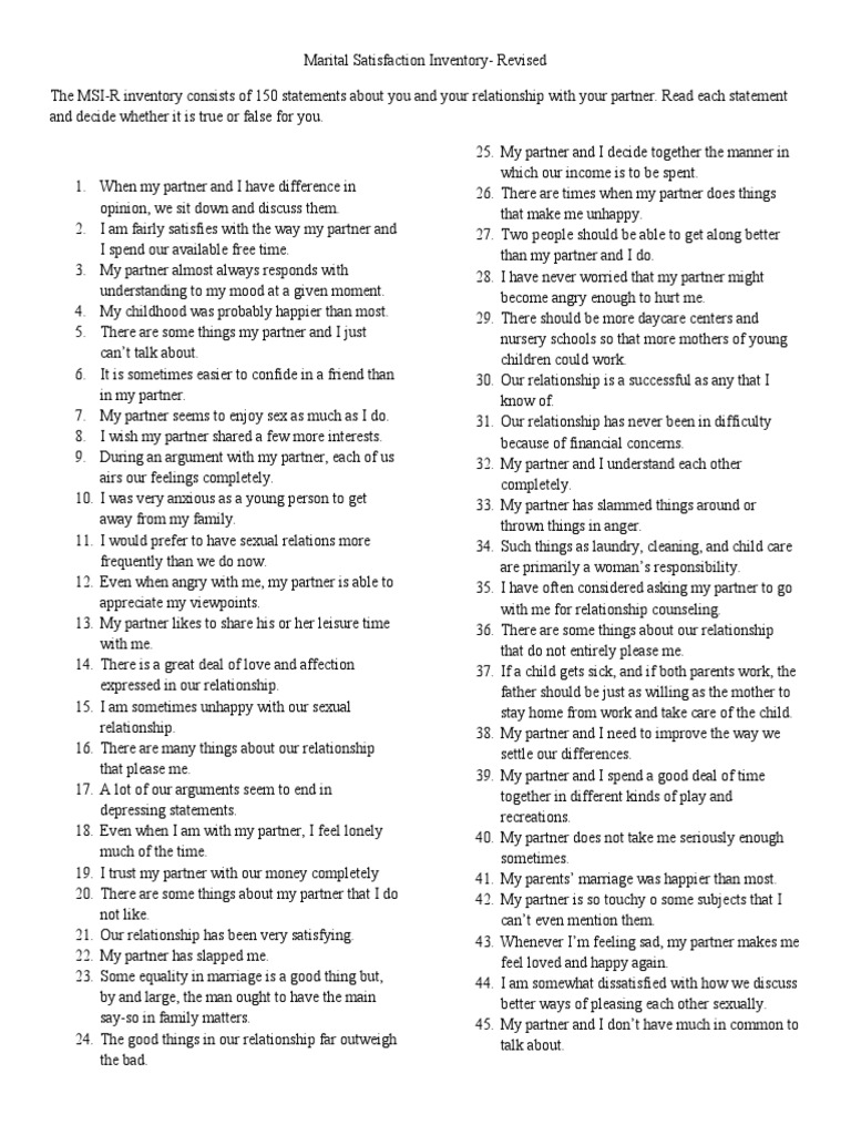 Marital Satisfaction Inventory-Revised | PDF | Anger | Human Sexual ...