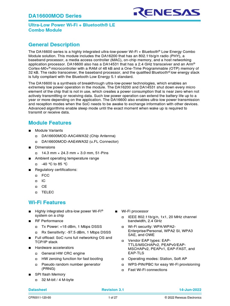 REN DA16600MOD Series Datasheet Rev3v1 DST 20221129 | PDF | System On A ...