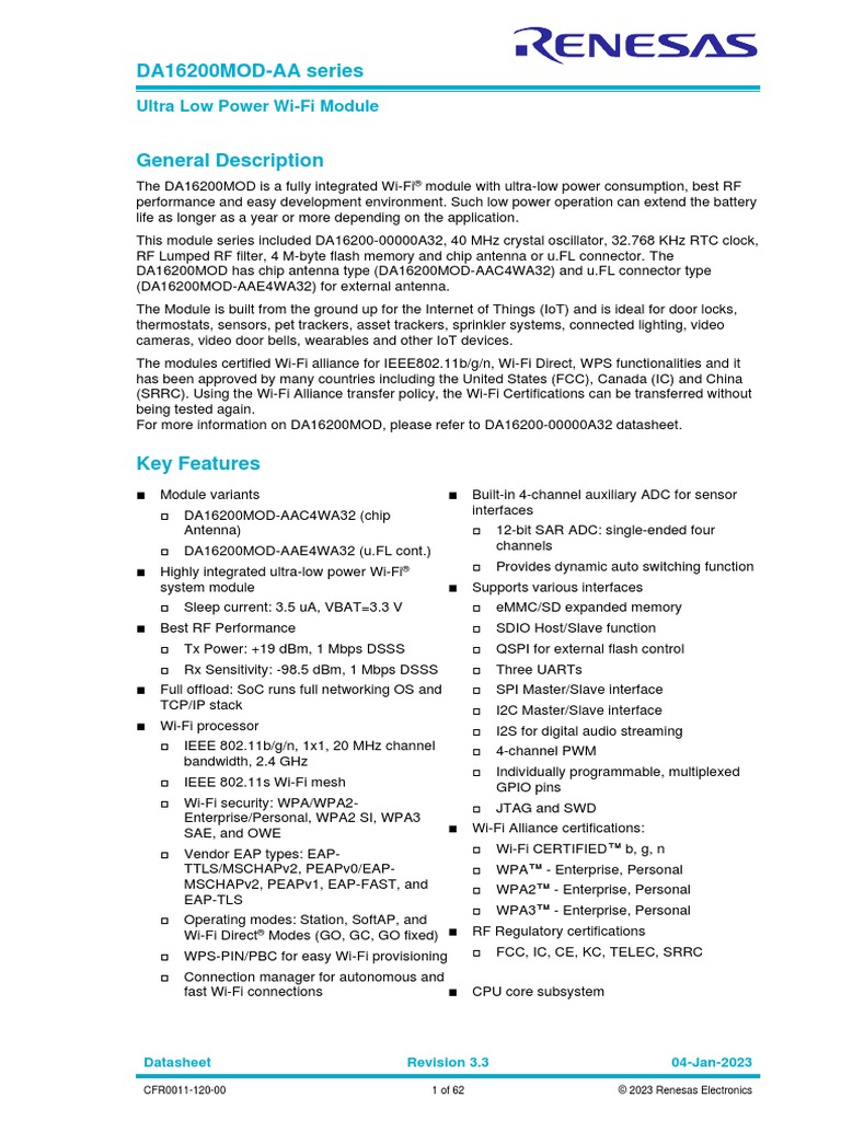 REN DA16200MOD Datasheet Rev3v3 DST 20230117 | PDF | Wi Fi ...