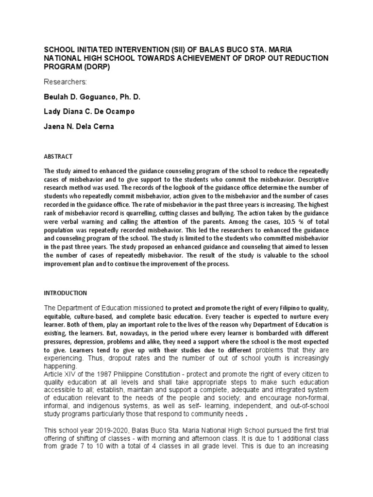 School Initiated Intervention - Poster | PDF | Disciplines | Teachers