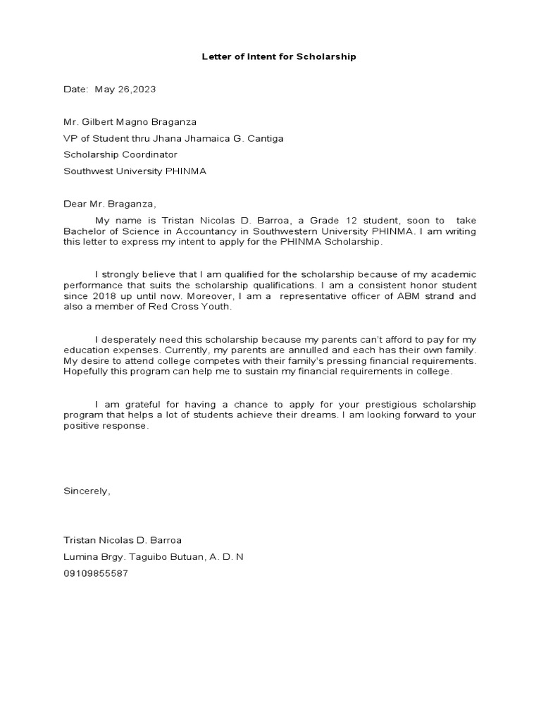 I Am Sharing 'Letter of Intent For Scholarship' With You | PDF