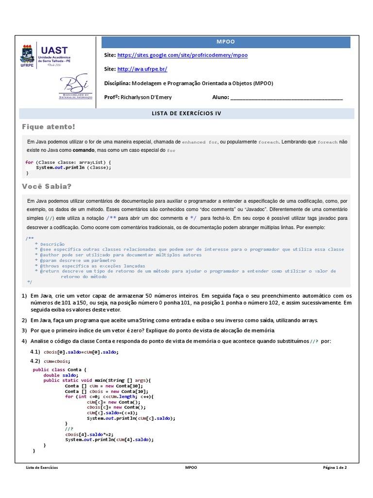 Lista De Exercícios 4 Pdf Java Linguagem De Programação Classe Programação De Computadores