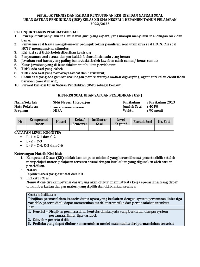 Petunjuk Teknis Dan Kaidah Penyusunan Kisi Usp 2023 | PDF