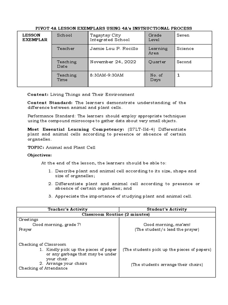 Lesson Plan Plant and Animal Cell | PDF | Cell (Biology) | Endoplasmic ...